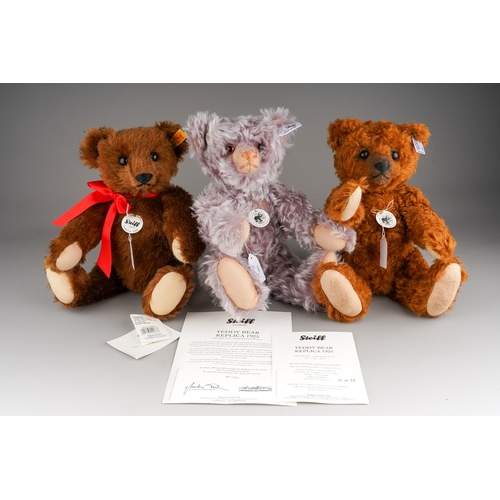 Three Modern Steiff Replica Teddy Bears to include: 1. 1925, violet ...