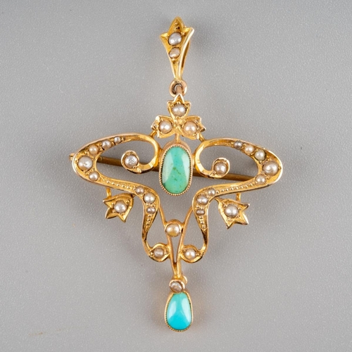 An Edwardian 9ct gold turquoise and seed pearl pendant. The oval ...