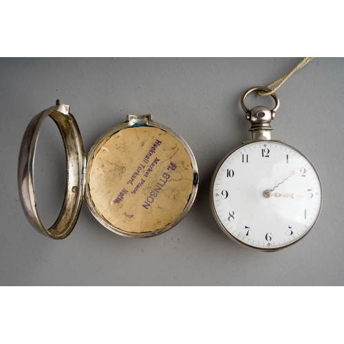 An early 19th century silver pair cased pocket watch, enamel dial with ...