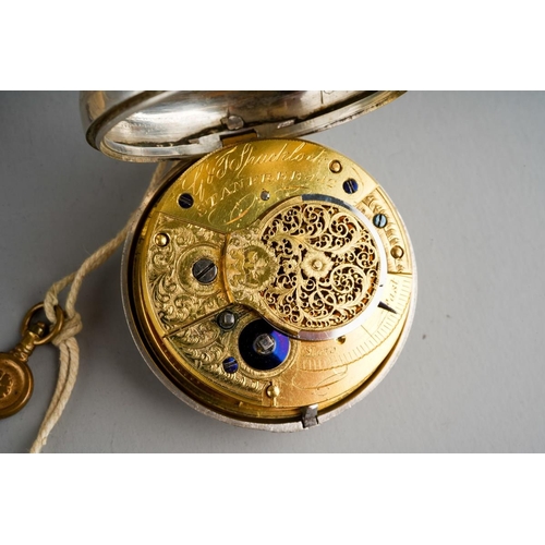 An early 19th century silver pair cased pocket watch, enamel dial with ...