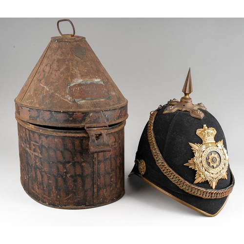 Antique Victorian blue cloth helmet Yorkshire Regiment in original tin ...