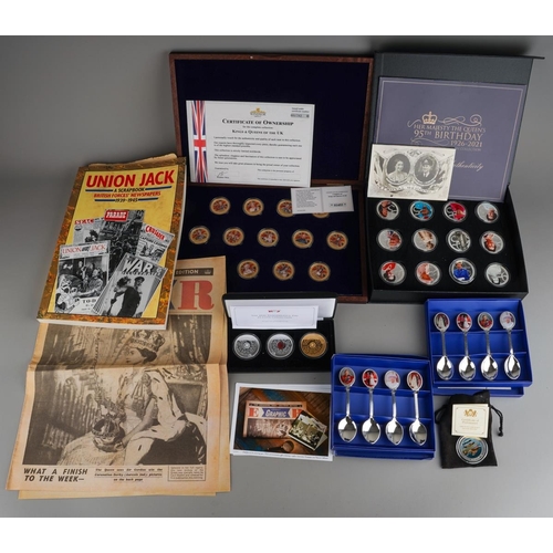 A collection of modern commemorative coins and medallions, including a ...