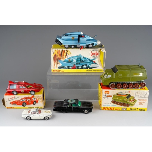 Three boxed Dinky vehicles and two playworn Corgi vehicles, comprising ...