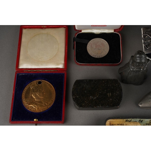 A box of collectables, including a cased gilt medallion Edward VII and ...