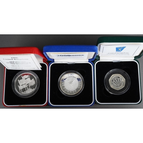 Boxed and cased Royal Mint UK silver proof coins to include: 1996 £1 ...