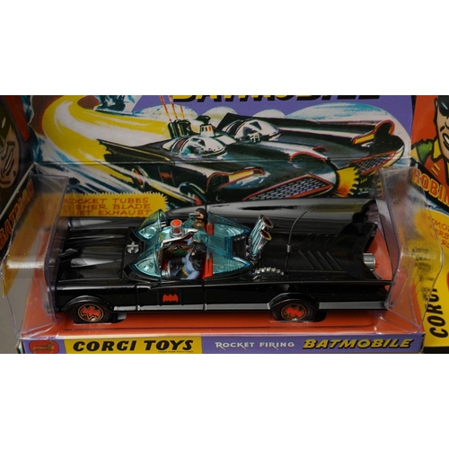 Two boxed Corgi Batmobiles with Batman and Robin figures, rocket firing ...