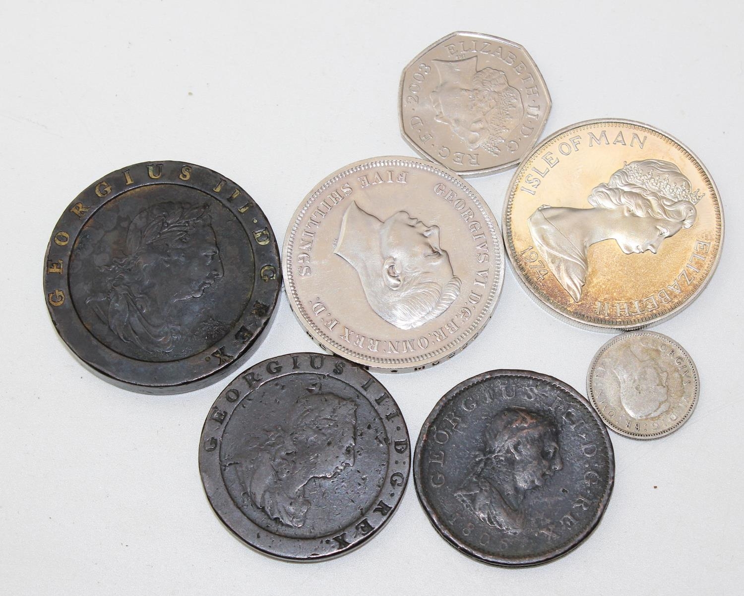 7 assorted British coins to inc 1797 copper Tuppence, 1938 sixpence etc