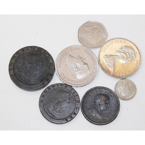7 assorted British coins to inc 1797 copper Tuppence, 1938 sixpence etc
