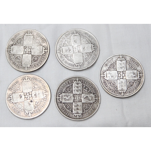 5 Queen Victoria silver florin coins, Gothic Head design