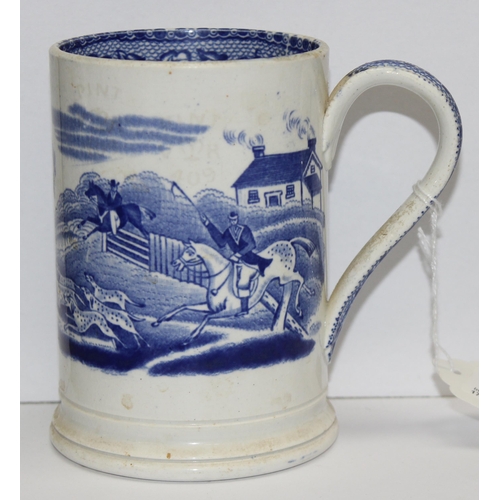 An antique blue & white pearlware mug depicting a hunting scene ...