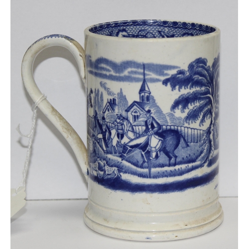 An antique blue & white pearlware mug depicting a hunting scene ...