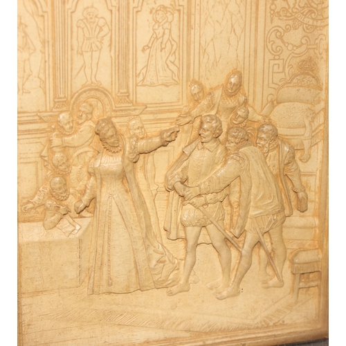 Pair of antique cast plaster relief panels of Elizabethan court scenes ...