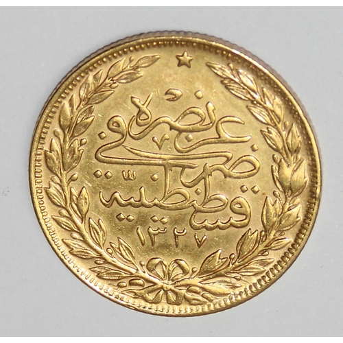 Turkish 100 Kurush gold coin, 1327 dated (Hijri calendar), 22ct gold ...