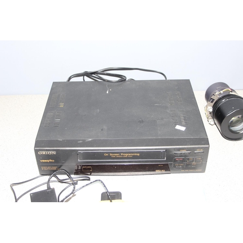 4 assorted camera lenses, a Sony DVD player and an Orion VHS player