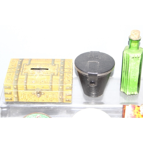 Mixed lot of small interesting curios to incl tinplate money box ...