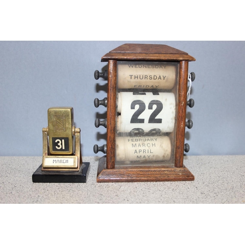 Antique perpetual desk calendar in oak glazed case and a smaller brass ...