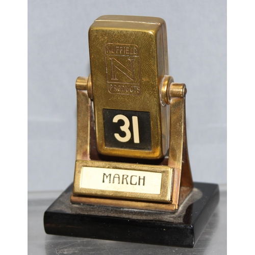 Antique perpetual desk calendar in oak glazed case and a smaller brass ...