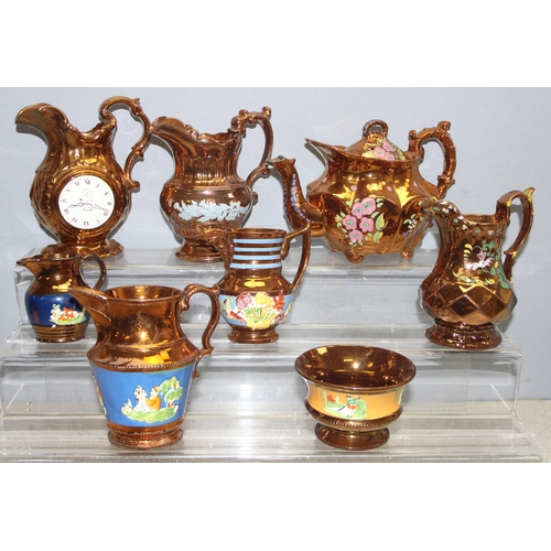 8 assorted Victorian copper lustre pottery items to inc 6 jugs, a bowl ...