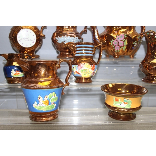 8 assorted Victorian copper lustre pottery items to inc 6 jugs, a bowl ...