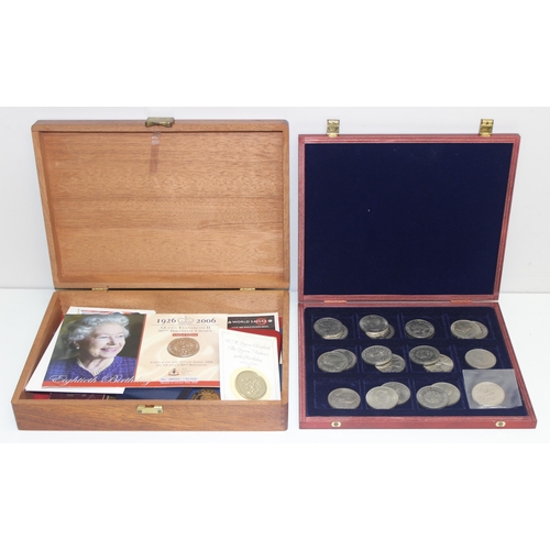 2 wooden cases of various coins to inc commemorative crowns, £5 coins ...