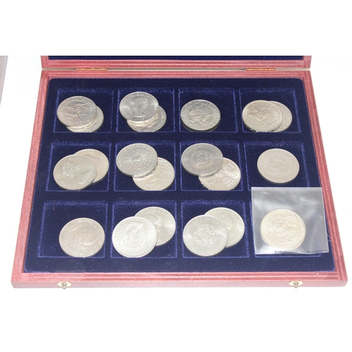 2 wooden cases of various coins to inc commemorative crowns, £5 coins ...