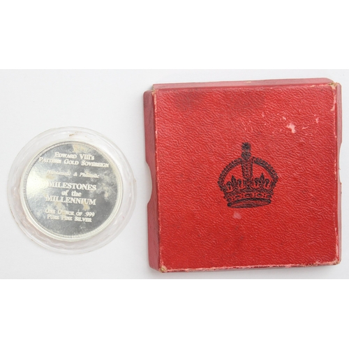 A .999 fine silver Edward VIII gold sovereign pattern medallion, 1 oz ...