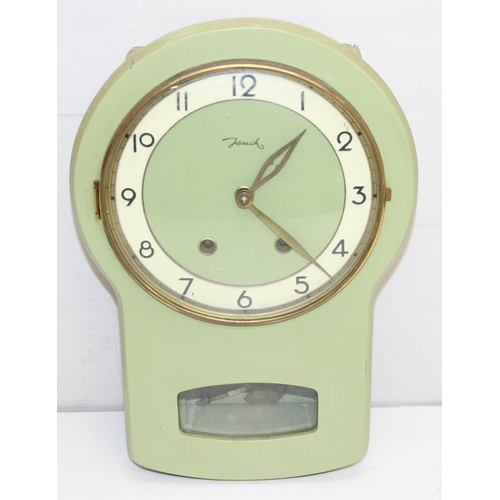 A retro mid-century 1950's green painted wooden wall clock by Jauch of ...