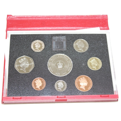 Ten assorted Royal Mint uncirculated proof coin sets in the luxury red ...