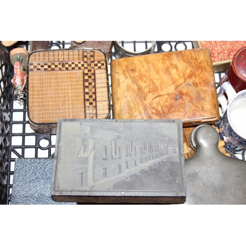 Mix of antique and later curios and small items to incl pewter hip ...