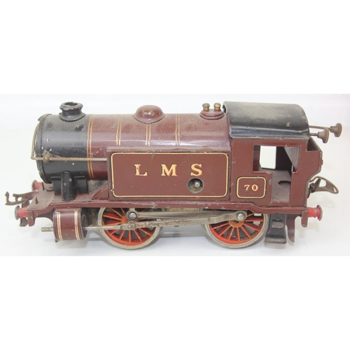 Hornby O gauge LMS clockwork locomotive and four boxed Hornby wagons ...