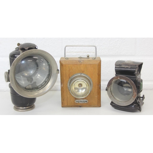 Three vintage cycle lamps to inc a Lucas Aceta Major, Lucas Pathfinder ...