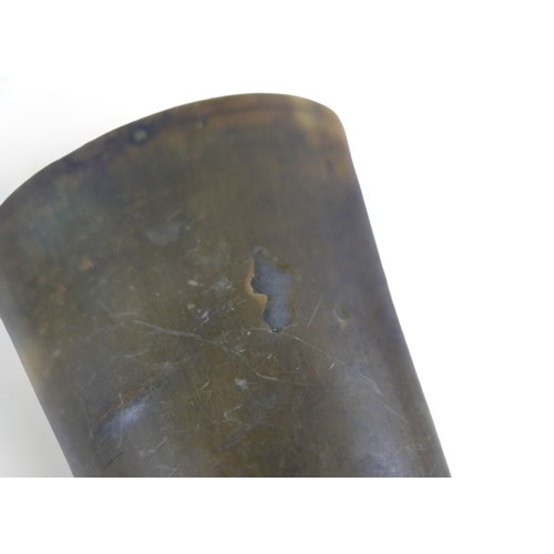 A brass and copper black powder flask and a horn shot flask, shot flask ...