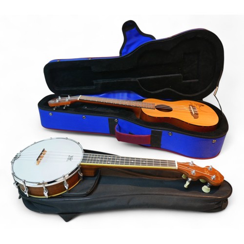 Three musical instruments, comprising two ukuleles: an Ortega 'RU ...