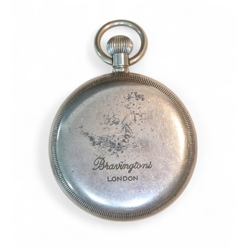 A WWII steel cased pocket watch, keyless movement, with broad arrow and ...