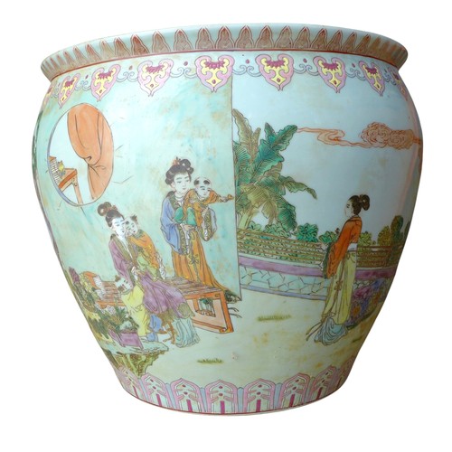 A large Chinese famille rose fish bowl Quinlong iron red mark to base ...