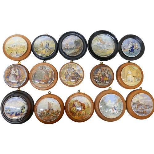A collection of fifteen framed pot lids to include Low Life, High Life ...