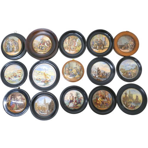 A collection of fifteen framed pot lids to include Uncle Toby ...