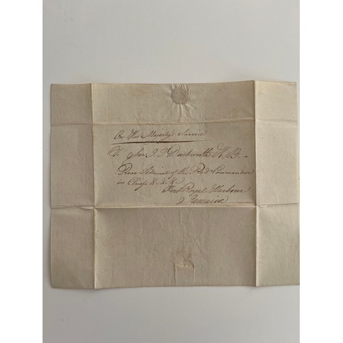 Five complete letters to / from Admiral Sir John Thomas Duckworth, KB ...