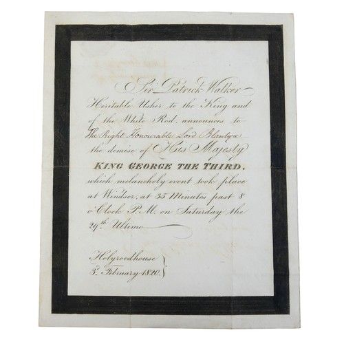 A letter proclamation announcing the death of King George III in 1820 ...