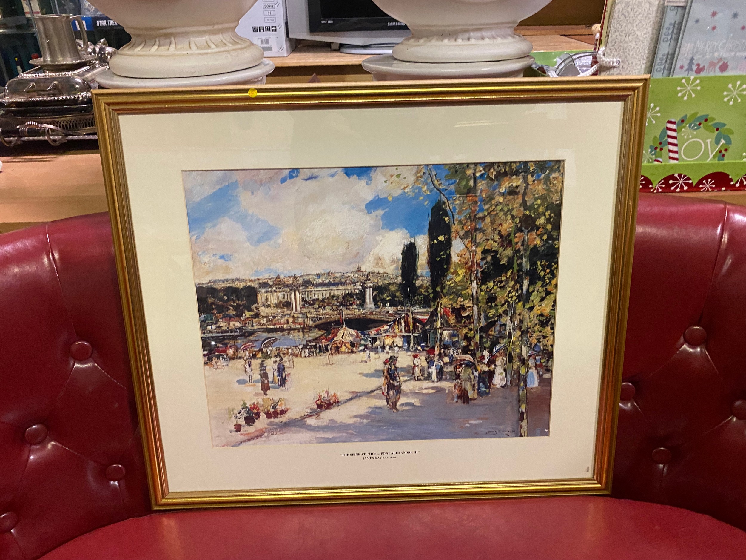 Large framed print of "The Seine at Paris" by James Kay. 55cm x 62cm