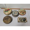5 x vintage advertising tins filled with sewing items and buttons.