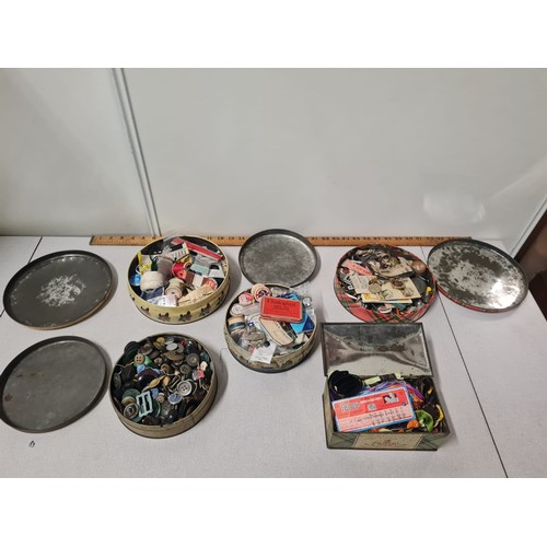 5 x vintage advertising tins filled with sewing items and buttons.