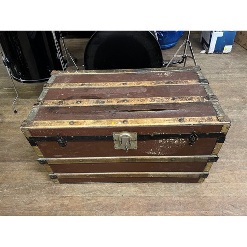 Large antique wood banded travel trunk with key. 83cm long x 47cm high ...