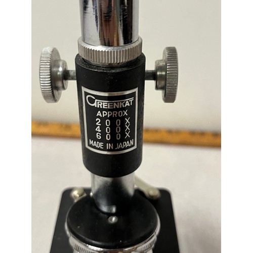 Vintage Japanese Greenkat microscope and wooden case.