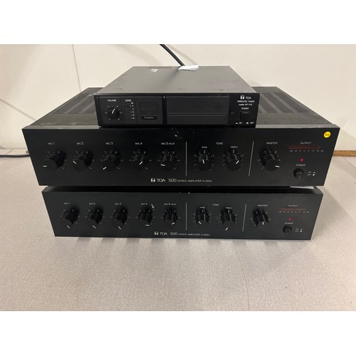 A pair of TOA 500 series amplifiers along with TOA wireless tuner.
