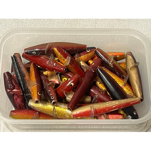 Selection of vintage wooden Devon minnow fishing lures and hooks etc.