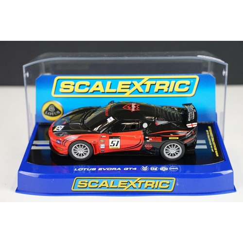 Six boxed / cased Scalextric slot cars to include C3427 Lotus Evora GT4 ...