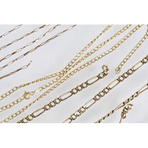 Four 9ct gold necklace chains to include a figaro link chain, two fine ...