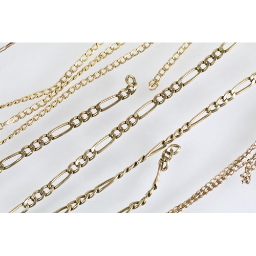 Four 9ct gold necklace chains to include a figaro link chain, two fine ...