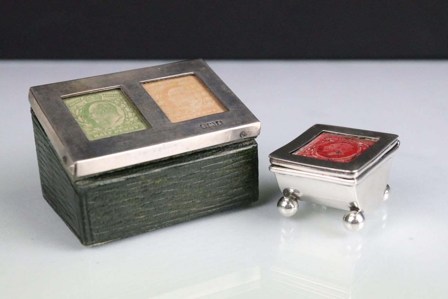 Two sliver hallmarked Edwardian stamp boxes to include a leatherette ...